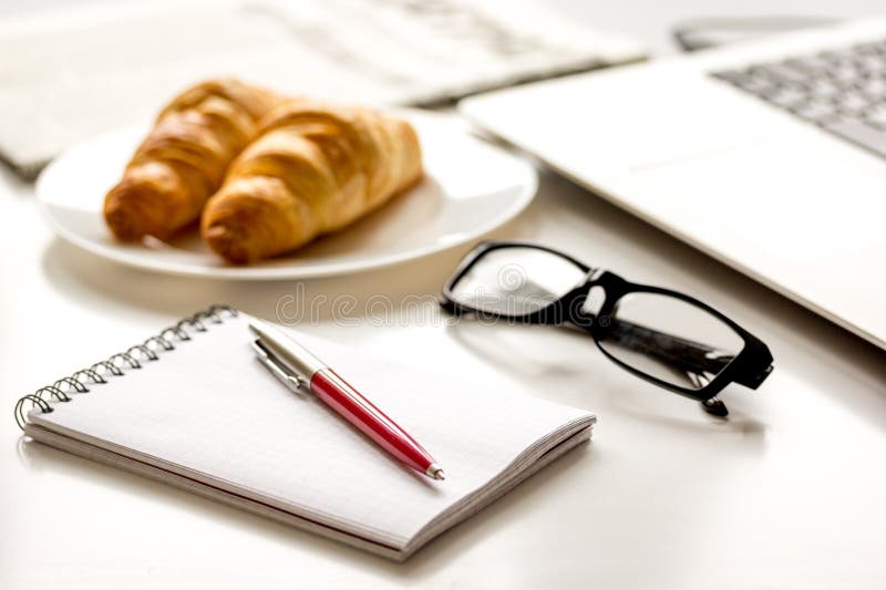 Office Breakfast with Laptop on White Desk Stock Photo - Image of ...