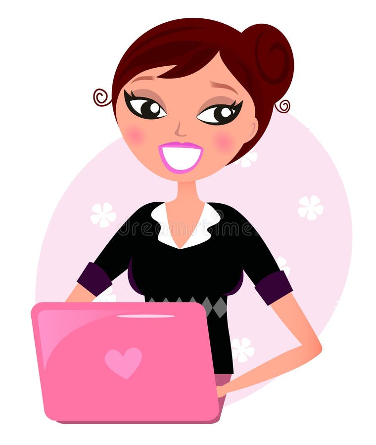 Office Brunette Woman with Pink Laptop Stock Vector - Illustration of ...