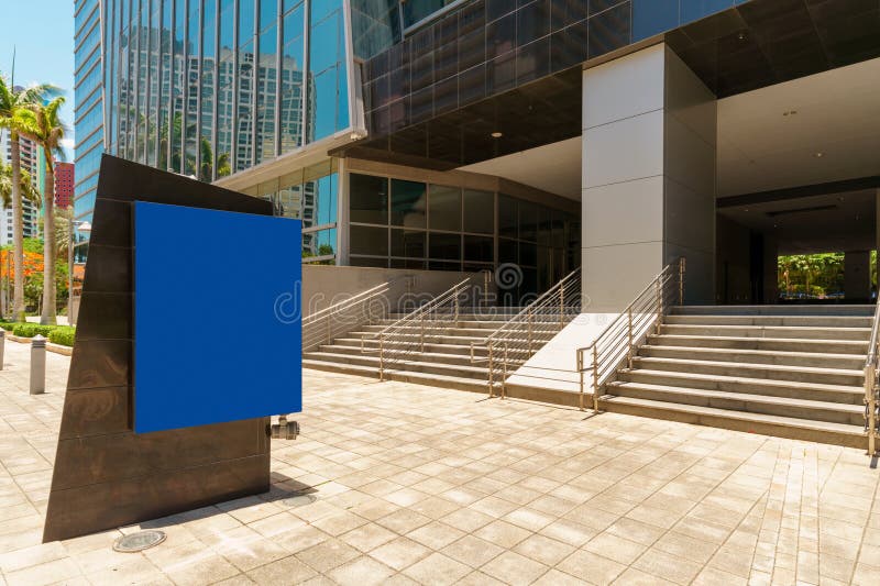Office Buidling Sign and Steps at Entrance. Blue Advertising Space Sign ...