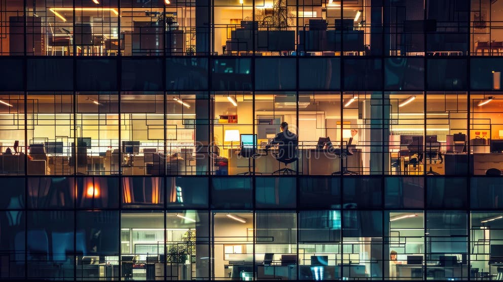 A Office Building Facade with Man Working on Computer at Night ...