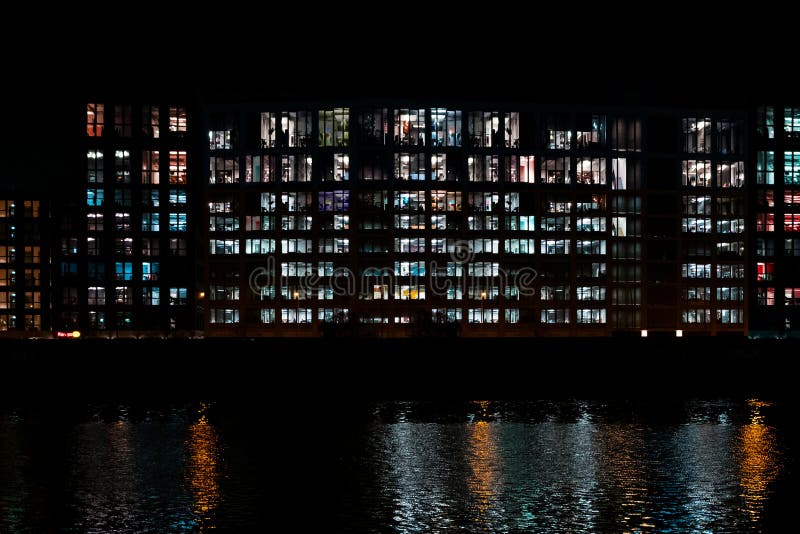Office Building Facade at Night, Illuminated Windows of Corporate ...