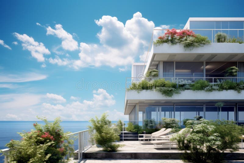Office Building Facing Sea Summer. Generate Ai Stock Illustration ...