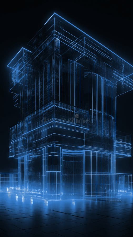 Office Building in Glowing Wireframe: a Technical Illustration Stock ...