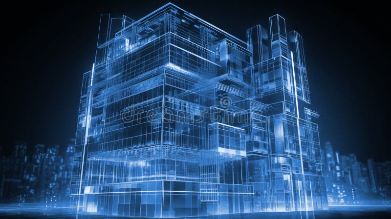 Office Building in Glowing Wireframe: a Technical Illustration Stock ...