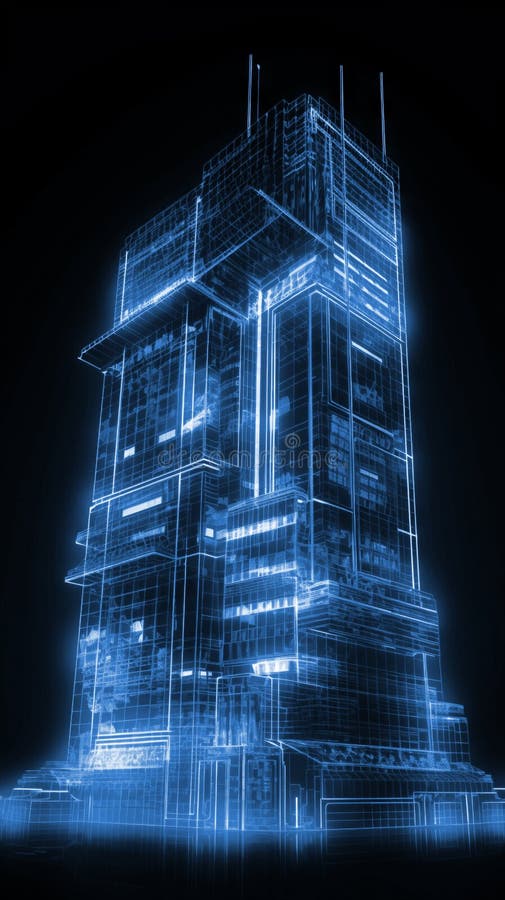 Office Building in Glowing Wireframe: a Technical Illustration Stock ...