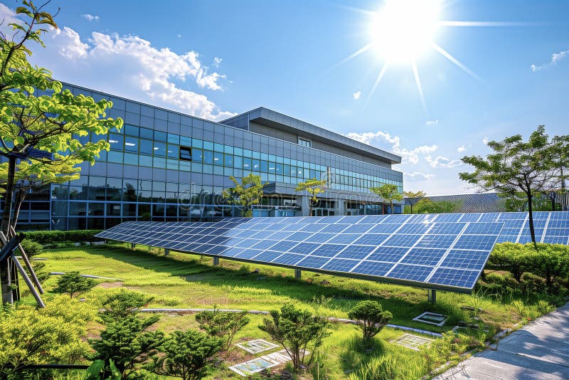 Office Building with Ground Solar Panel Array Stock Image - Image of ...