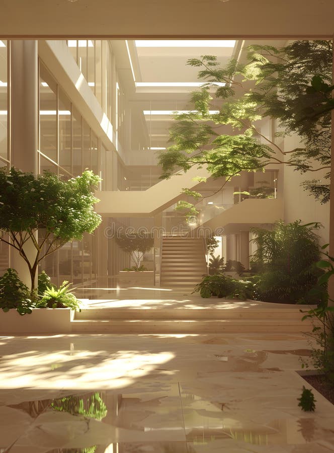 Office Building Interior Atrium with Trees and Sunlight Generated Using ...