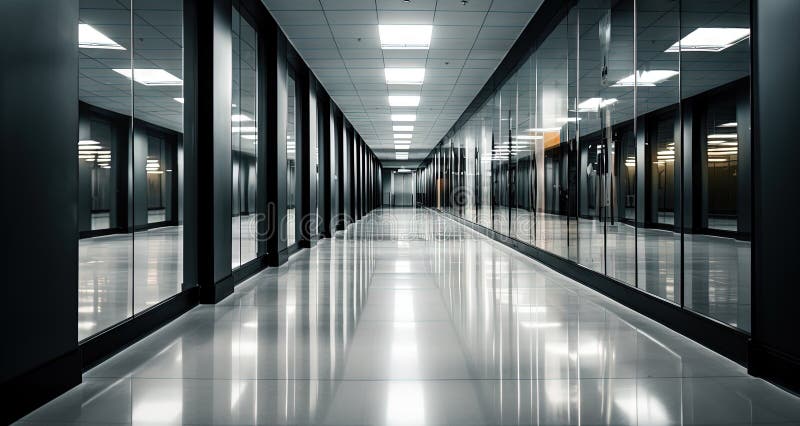 Office Building Interior with Long Hall and Doors. Empty Office ...