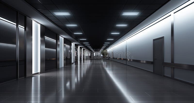 Office Building Interior with Long Hall and Doors. Empty Office ...