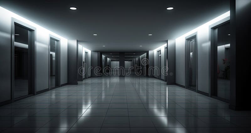 Office Building Interior with Long Hall and Doors. Empty Office ...