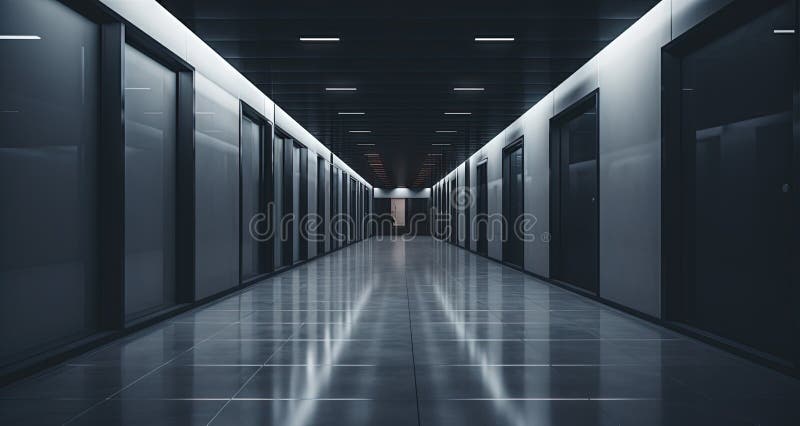 Office Building Interior with Long Hall and Doors. Empty Office ...