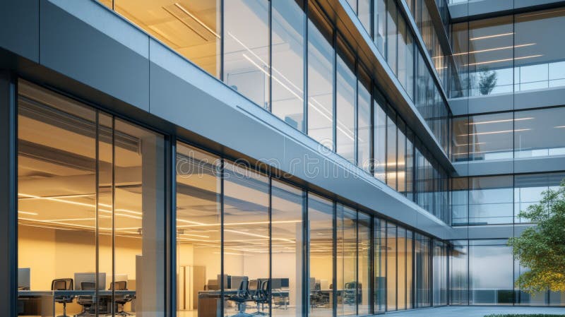 Office Building with Large Glass Windows Showing Interior Spaces Stock ...