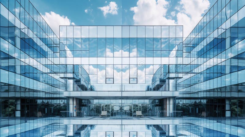Office Building with Many Windows Reflect Cloud and Sky, Creative ...