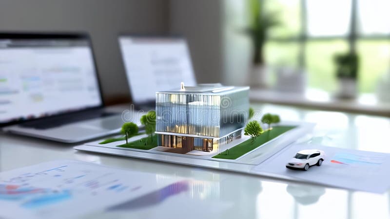 Office Building Miniature Model with Laptops and Financial Documents in ...