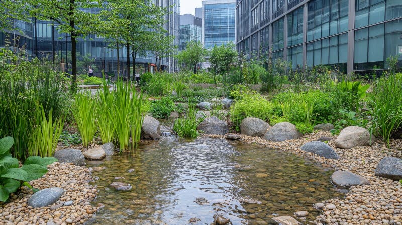 Office Building of Modern Design, Complete with a Calming Water Feature ...