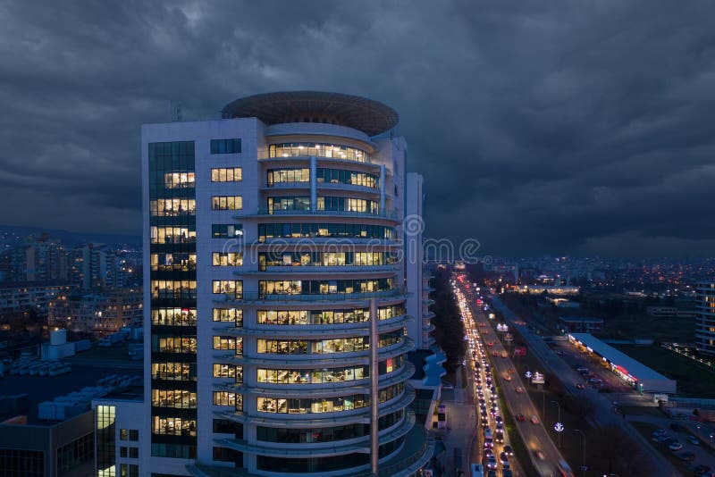 Office Building at Night. Aerial Drone View. Editorial Image - Image of ...