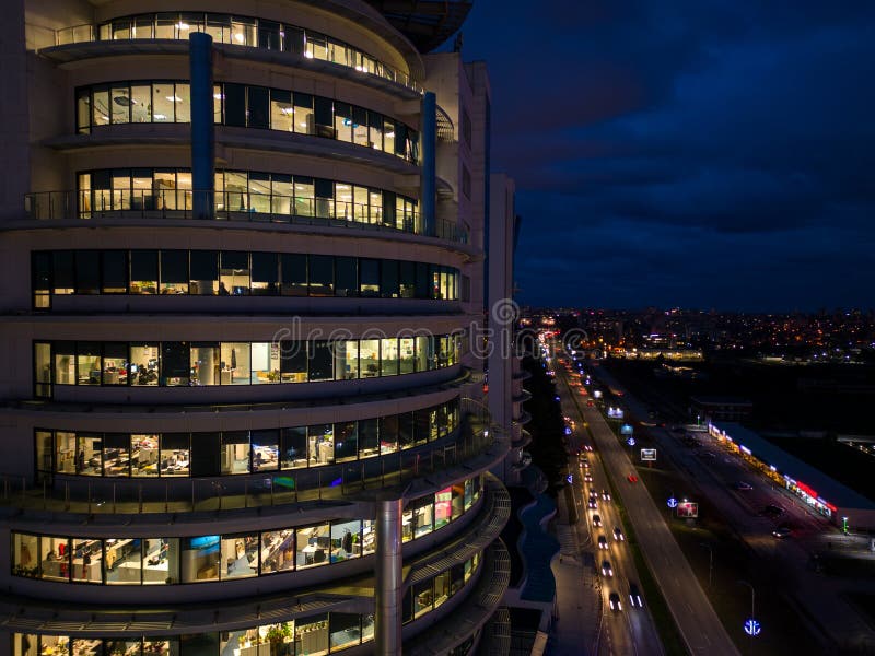Office Building at Night. Aerial Drone View. Stock Photo - Image of ...