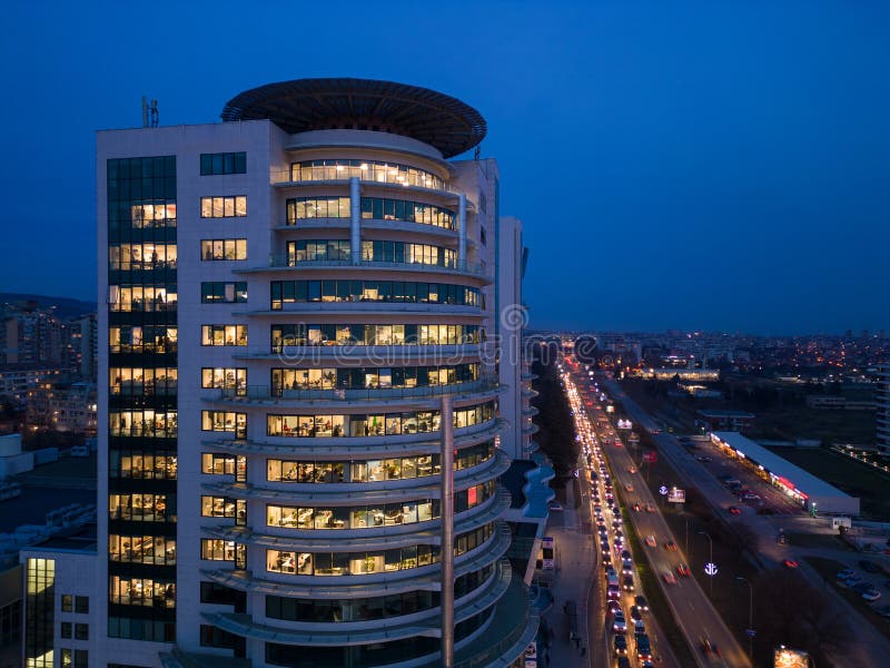 Office Building at Night. Aerial Drone View. Stock Image - Image of ...