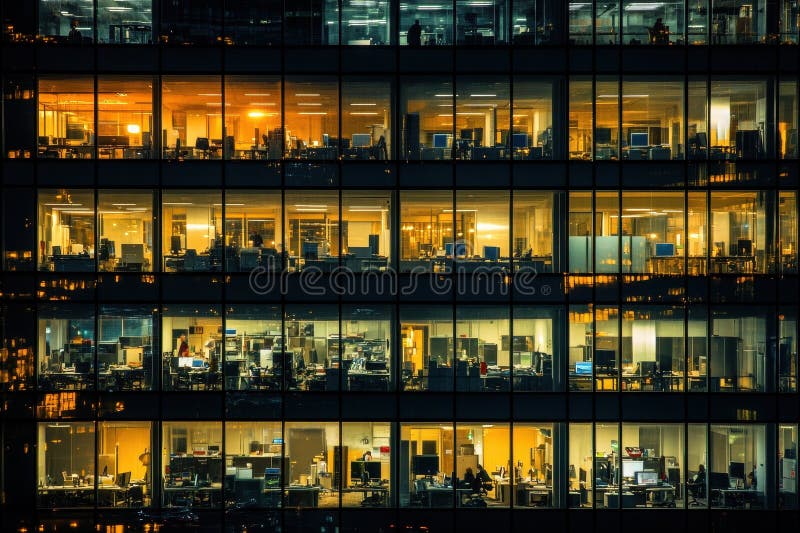 Office Building at Night with Illuminated Windows Showcasing Workspaces ...