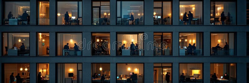 Office Building at Night with Professionals Working Late in Modern ...
