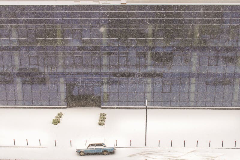 Office Building and Old Car in the Snow in Winter Stock Photo - Image ...