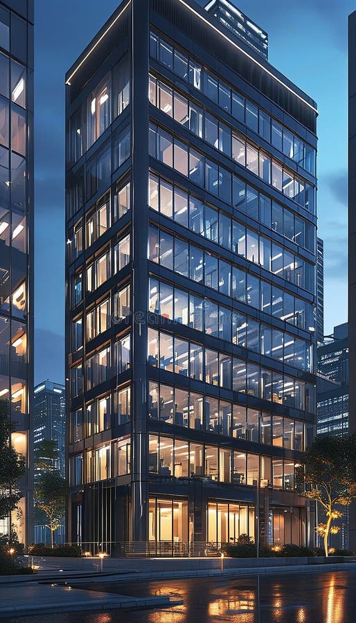 An OFFICE BUILDING TOWER, NIGHT VIEW, LIGHT on in the OFFICE within ...