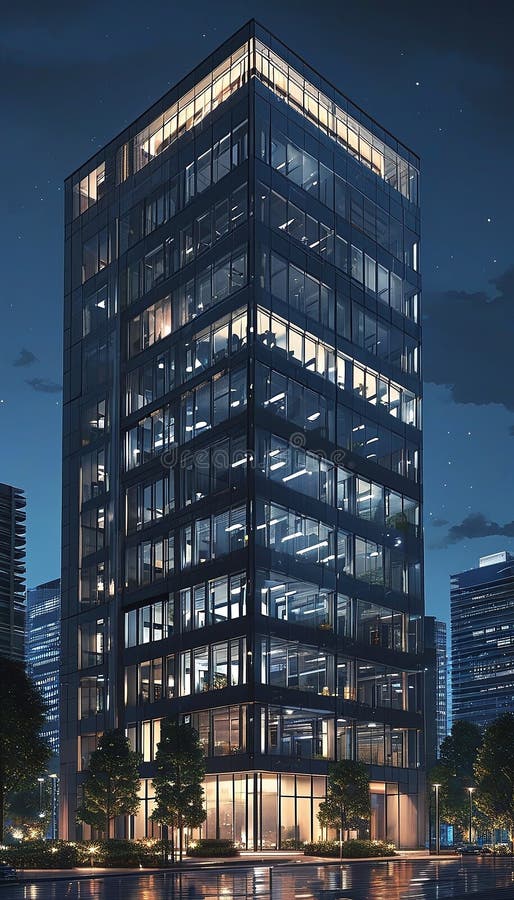 An Office Building Tower Night View Stock Illustration - Illustration ...