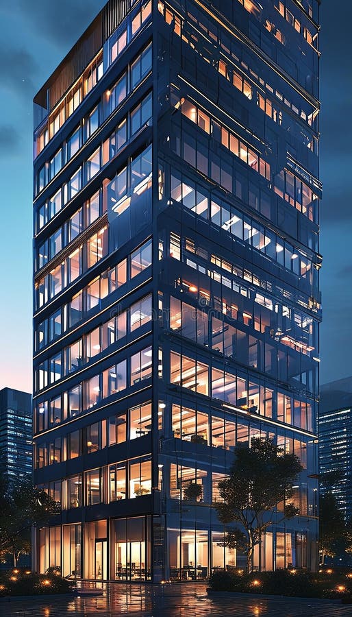 An Office Building Tower, Night View, Light on Stock Illustration ...