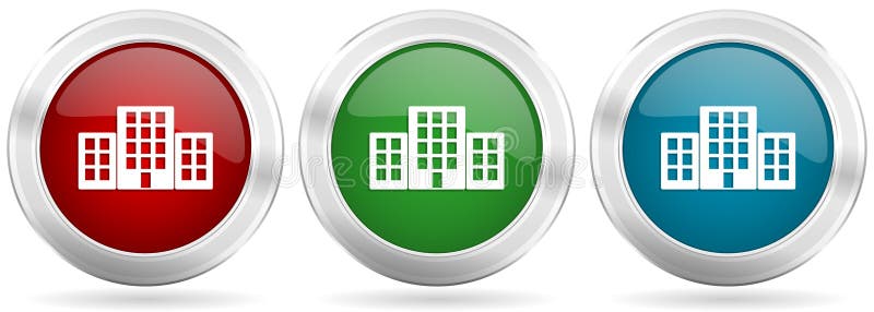 Office Buildings Vector Icon Set. Red, Blue and Green Silver Metallic ...