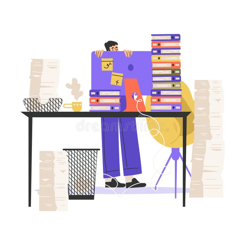 Office Bureaucracy with Man Character Hiding Behind Computer Afraid of ...