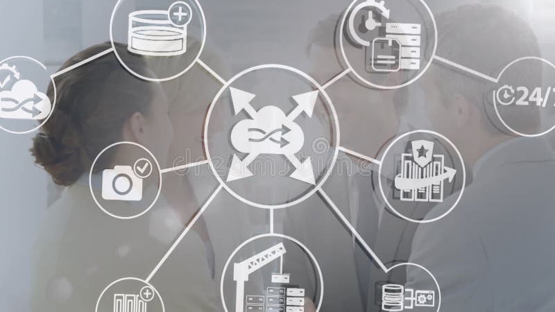 In Office, Business People Collaborating with Network of Technology ...