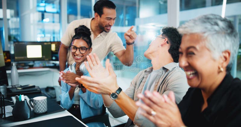 Office, Applause and Happy Business People on Laptop for Teamwork ...