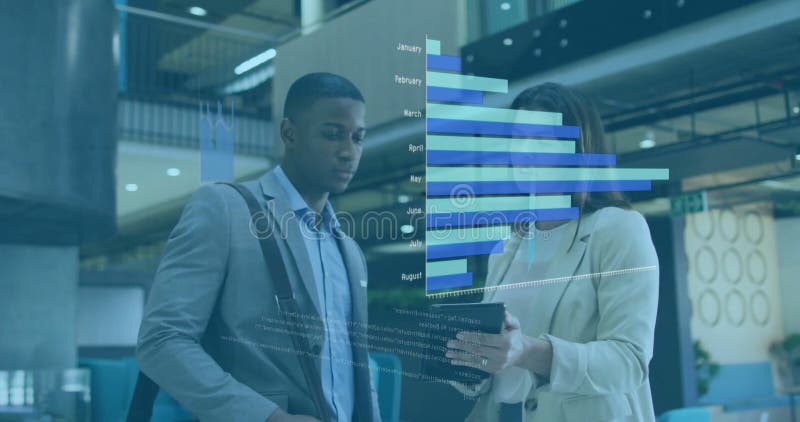 In Office, Business Professionals Analyzing Data with Bar Graph ...