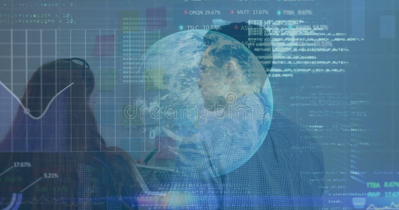 In Office, Business Professionals Analyzing Global Data with Earth ...