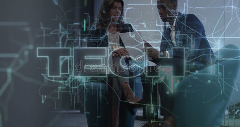 In Office, Business Professionals Discussing Documents with Digital ...