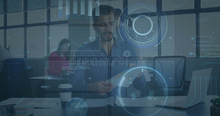 In Office, Business Professionals Processing Digital Data with Image ...