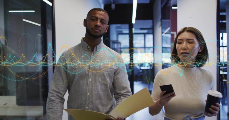 In Office, Business Professionals Walking with Data Visualization ...