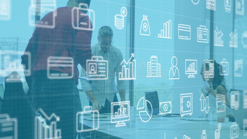 In Office, Business Professionals Working with Digital Data Animation ...