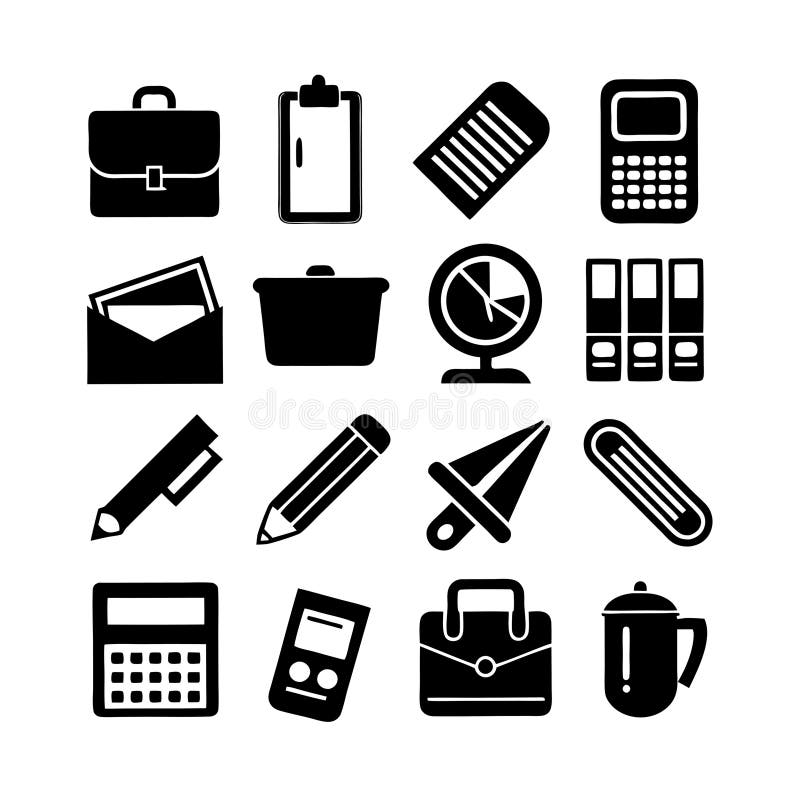 Office and Business Related Objects in Black Silhouette Style, Simple ...