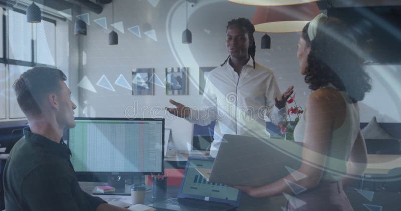 In Office, Business Team Discussing Data Analysis with Animation ...