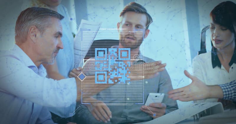 In Office, Business Team Discussing Project with QR Code Animation ...