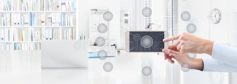 Office Business Work Concept, Hand with Smart Phone and Empty Icons ...