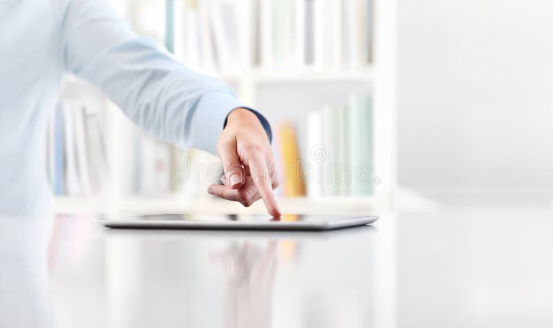 Office Business Work Concept, Hand Touch Screen of Digital Table Stock ...