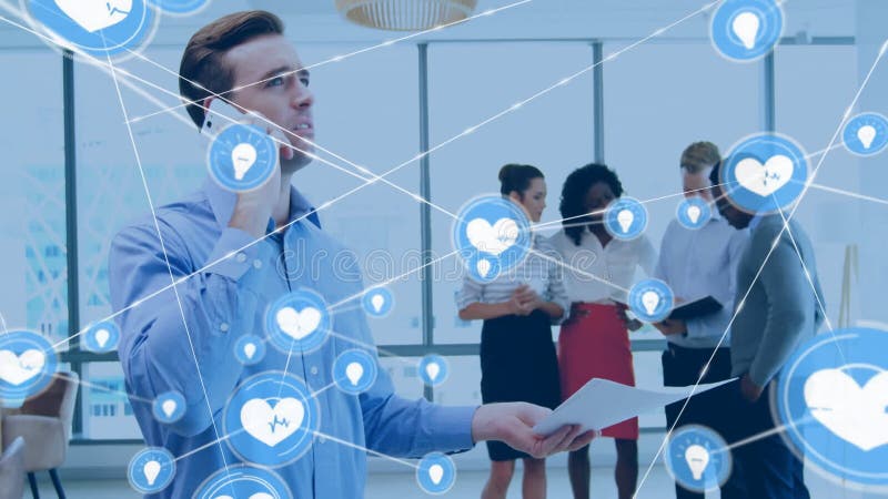 In Office, Businessman on Phone with Digital Network Animation Over ...