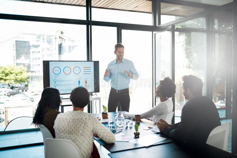 Office, Businessman and Training for Presentation with Screen, Opinion ...