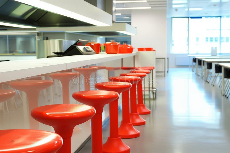 Office Canteen Area with Bright Red Stools and Empty White Counters ...