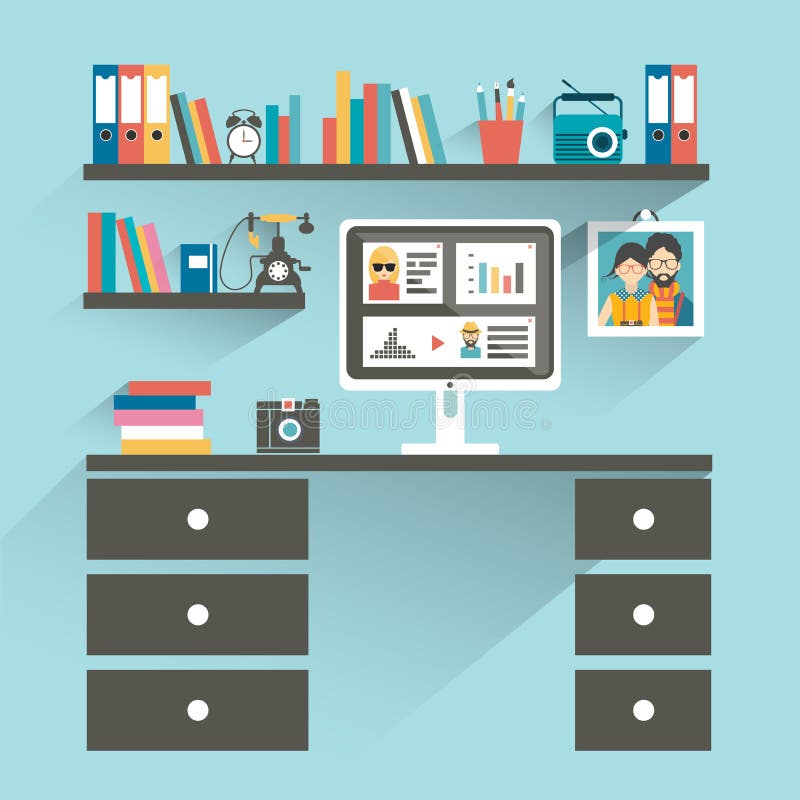 Office Cartoon Workplace with Computer and Book Shelves. Stock Vector ...