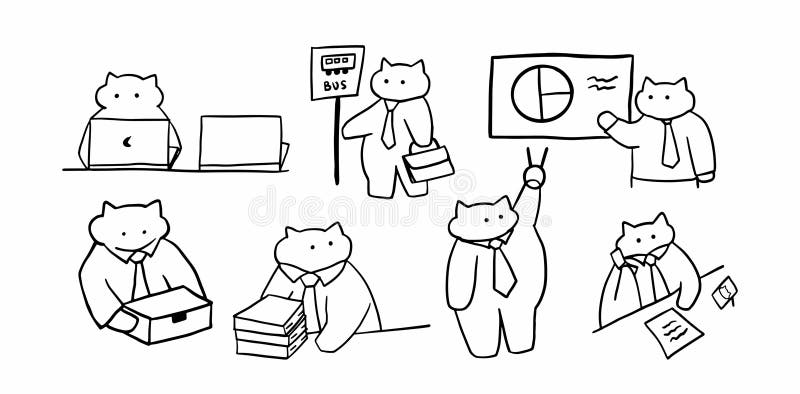 Office Cats: Cute Hand-Drawn Set Minimalist Doodle Vector for Work and ...