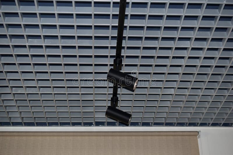 Office Ceiling with Spotlights and Lamps in the Box Stock Photo - Image ...