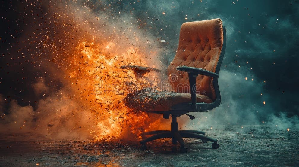 Exploding Office Chair in Flames with Flying Debris Representing Chaos ...